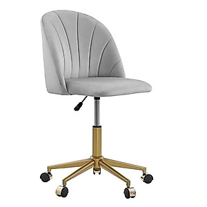 Pemberly Row Upholstered Adjustable Swivel Desk Chair Gold Legs in Light Gray