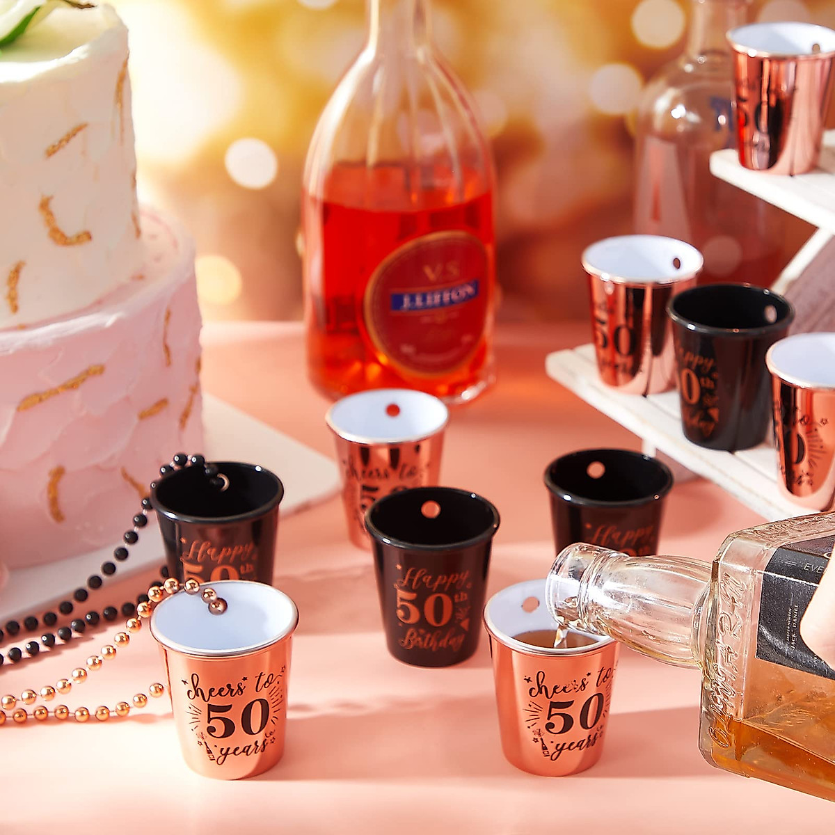 Uiifan 12 Pieces 40th 50th 60th Shot Glasses Necklace Birthday Plastic Cups Necklace on Beaded for Birthday Party Anniversary Supplies, Black and Rose Gold(50th)