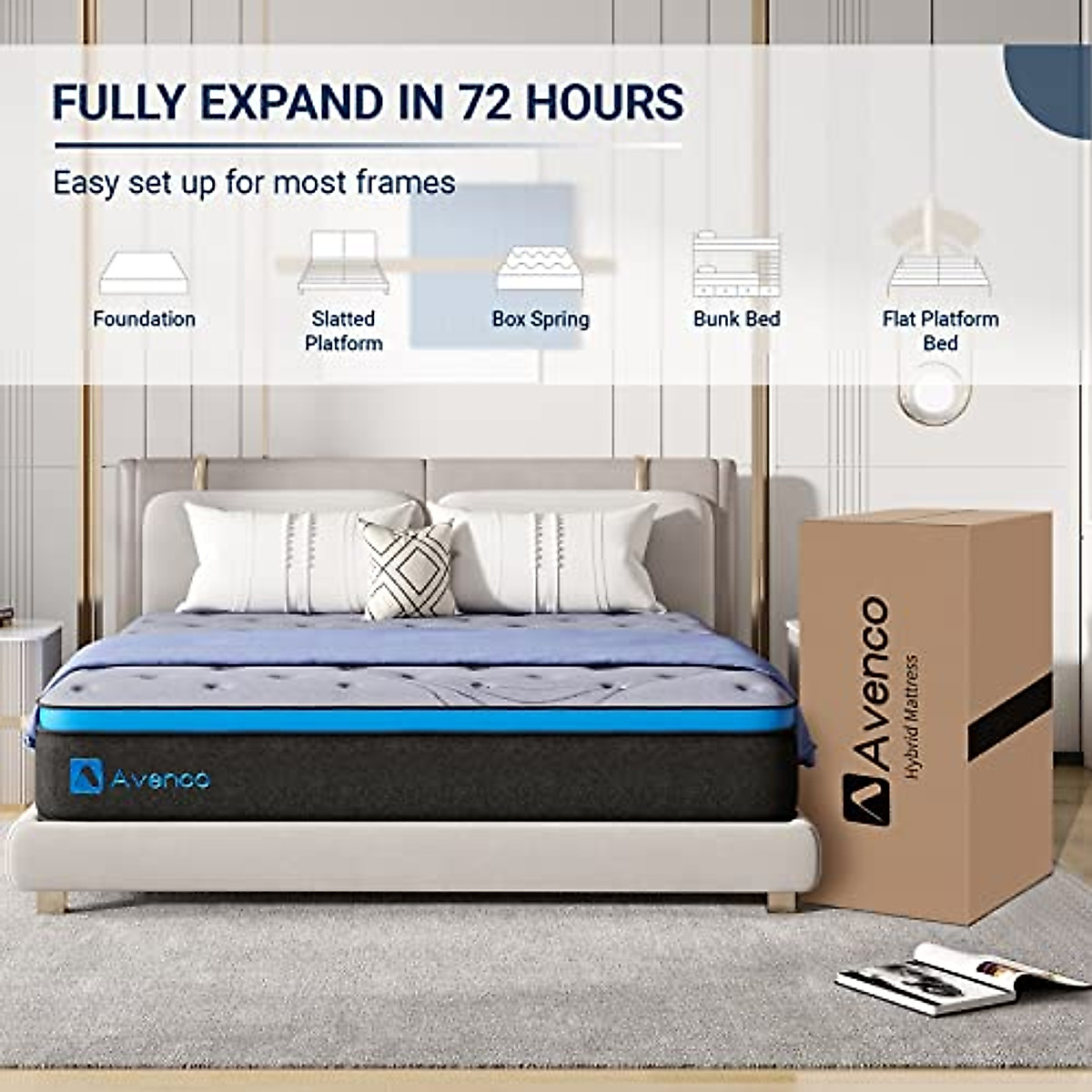 Avenco King Hybrid Mattress, 10 Inch King Size Mattress in a Box, Medium Firm Pocket Spring and Gel Memory Foam Mattress for Queen Bed, Max Loading 550LBS, CertiPUR-US, 100 Nights Trial