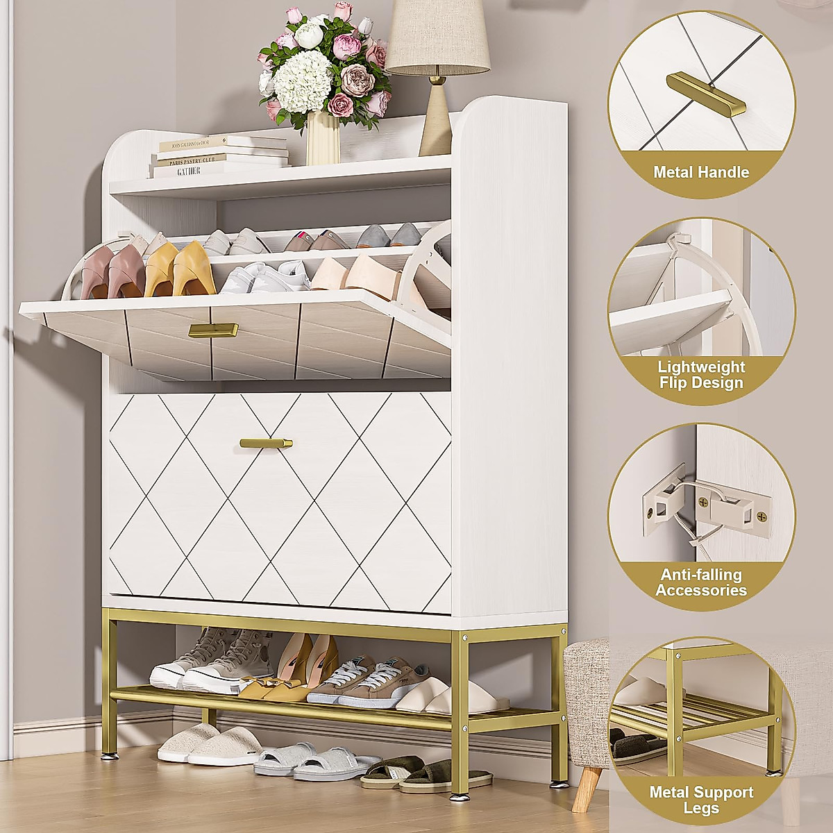 VTRIN Shoe Cabinet with 2 Flip Drawers, Wooden Shoe Organizer Cabinet Modern Sturdy Hidden Shoe Rack Cabinet with Metal Legs Narrow Shoe Cabinet for Entryway Shoe Storage Cabinet, White