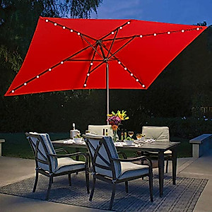 Aok Garden 6.5x10 ft Patio Umbrella with Solar Lights - Rectangular Picnic Table Aluminum Pole Umbrella, 6-8 Chairs Outdoor Tilt Umbrella 30 LED for Lawn Backyard, Deck, Pool and Beach, Red