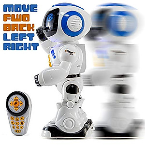 Top Race Remote Control Robot Toys with LED Lights - Interactive Programmable Birthday Gift for Kids - Moving, Dancing, Talking and Play Flying Disc - Rechargeable 12" Tall Desk Smart RC Robot