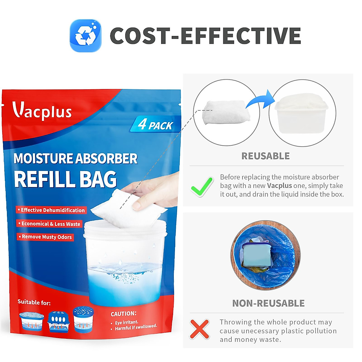 Vacplus Moisture Absorber Box Refill bags 4 Packs, Individually Wrapped Dehumidifiers for Closets & Efficient Refill Humidity Absorbers for Rooms with Easy Operation