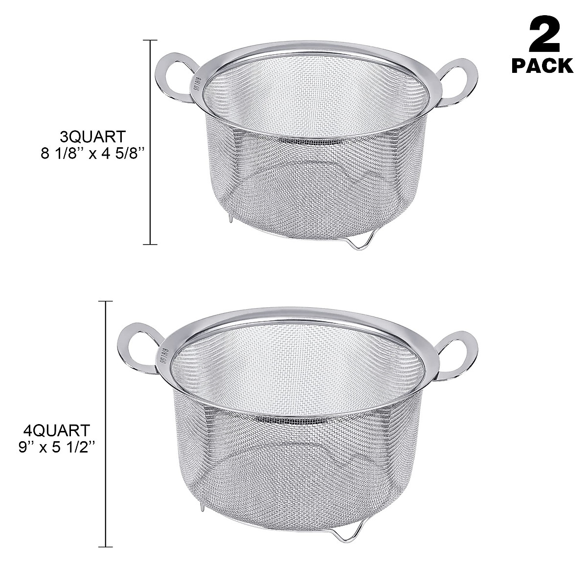 Tiawudi 2 Pack Strainers for Kitchen, 18/8 Stainless Steel Colander with Handles, Fine Mesh Strainer for Pasta, Rice and Fruit, Sieve with Resting Feet to Strain, Rinse, Steam or Cook Vegetables