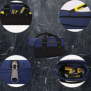 FASTECH 14 Inch Small Tool Bag,Wide Mouth Tool Tote Bag,Waterproof Tool Organizer Bag,Electricians Repairman Tools Tote Bag Double Fabric Storage Bag (Blue)