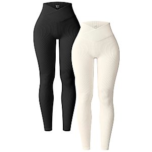 OQQ Women's 2 Piece Yoga Leggings Ribbed Seamless Workout High Waist Cross Over Athletic Exercise Leggings Black Beige