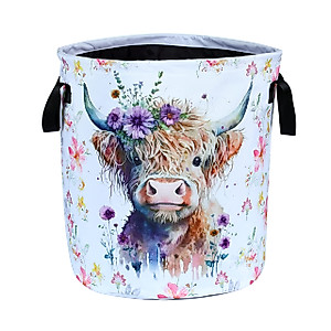 Highland Cow Laundry Basket Foldable Waterproof Oxford Cloth Funny Tote Bag Laundry Hamper Clothes Storage Bucket Toy Organizer For Bathroom/Laundry Storage/Bedroom Storage Basket 17.7x13.7 Inch
