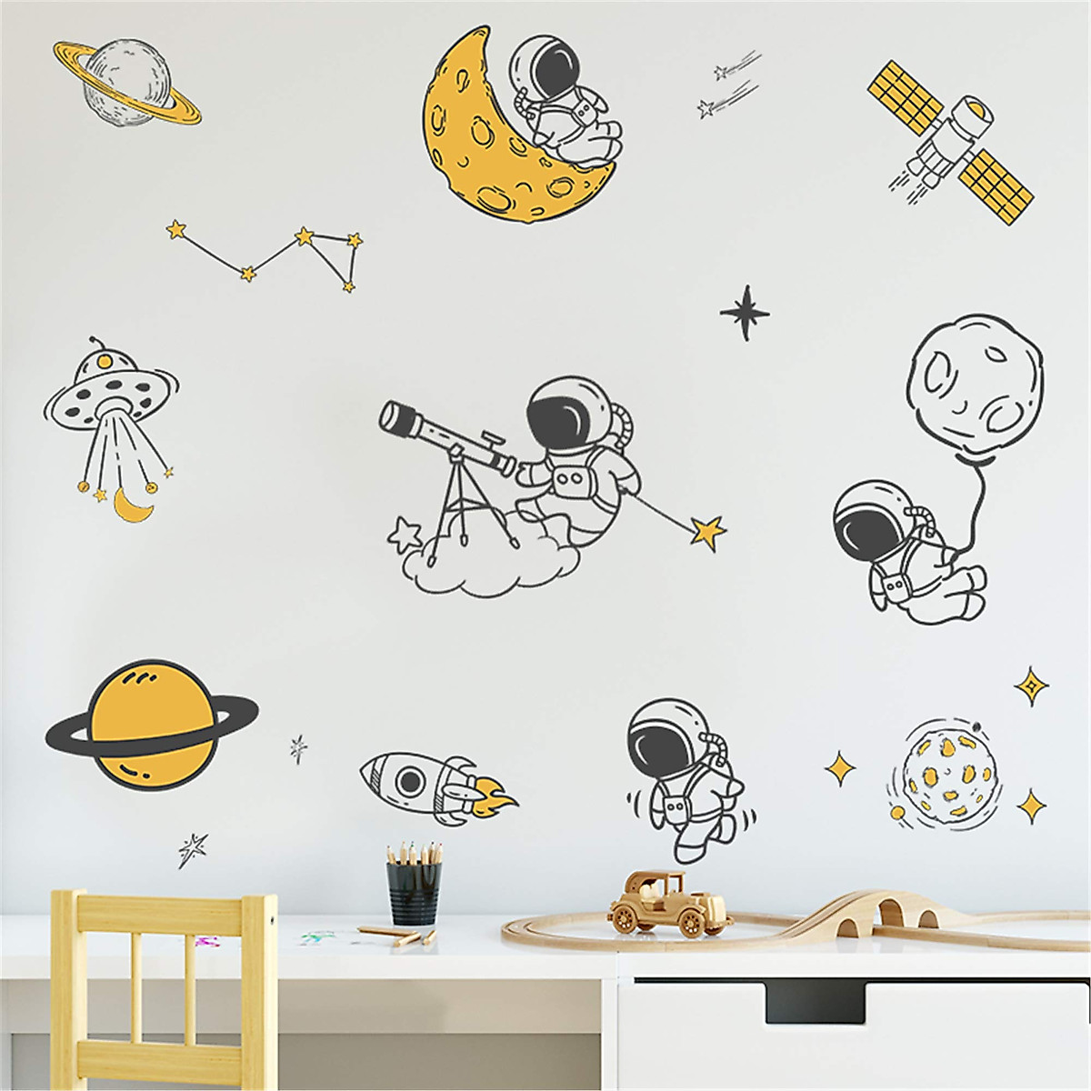 ROFARSO Wall Stickers Astronaut Planet Outer Space Stars DIY Vinyl Removable Large Wall Decals Art Decorations Decor for Kids Boys Bedroom Living Room Playing Room Murals