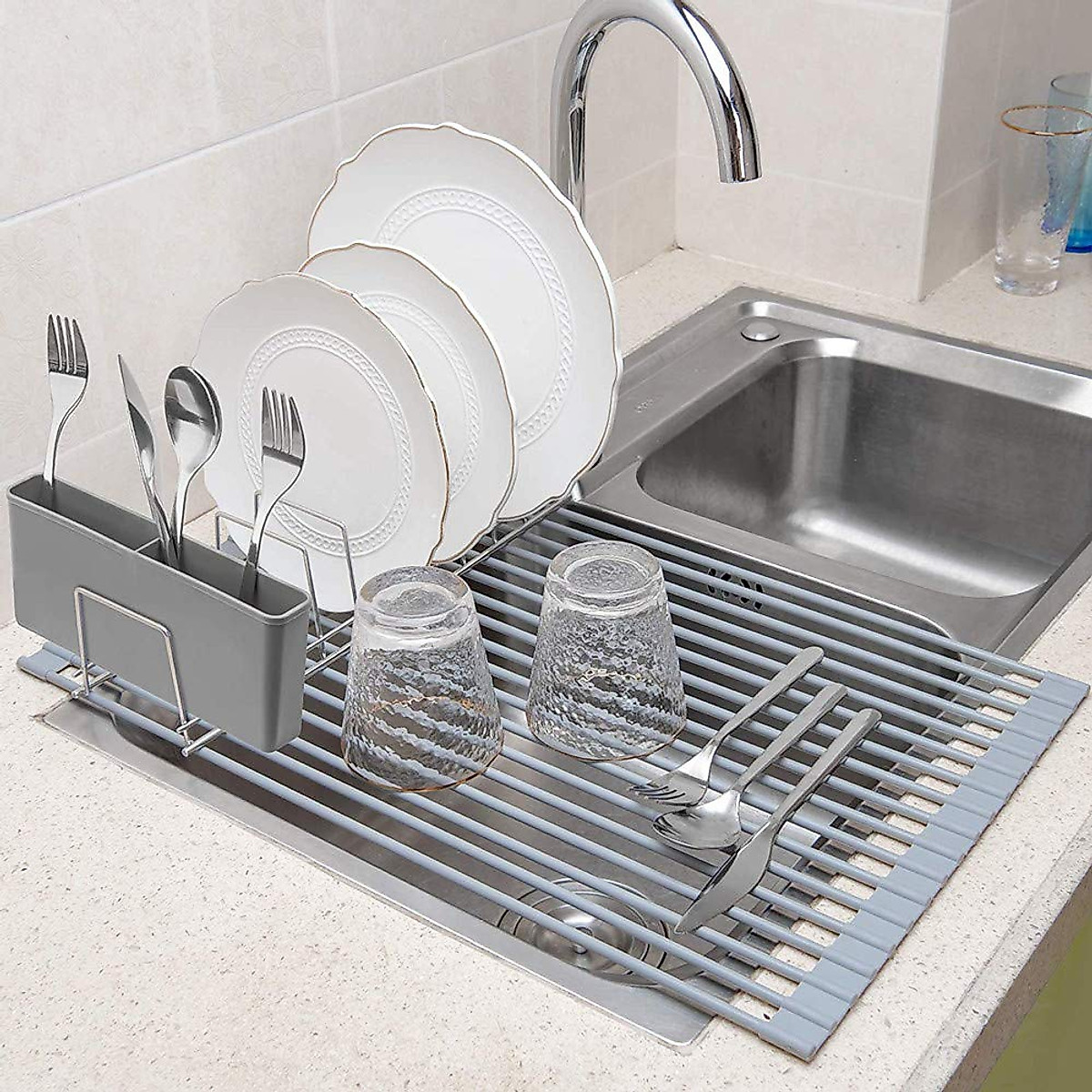 SANNO Plastic Black Utensil Silverware Storage Holder Caddy,Fit Kitchen Sink Drying Rack, Microfiber Dish Mat, Dish Drying Mat (Gray)