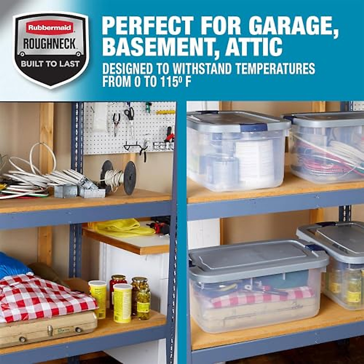 Rubbermaid Roughneck Clear Storage Container, 50 qt., Clear Base, Grey and Blue Lid, Pack of 5 (1785784)