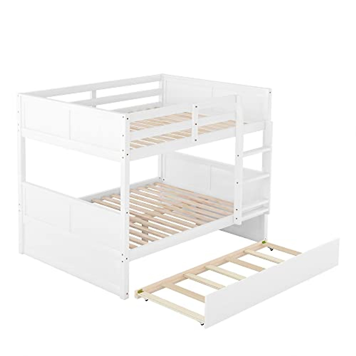 Merax Full Over Full Bunk Bed with Trundle,Wooden Trundle Bed Frame with Ladder Safety Guardrail,Convertible to 2 Platform Beds for Kids Teens,White