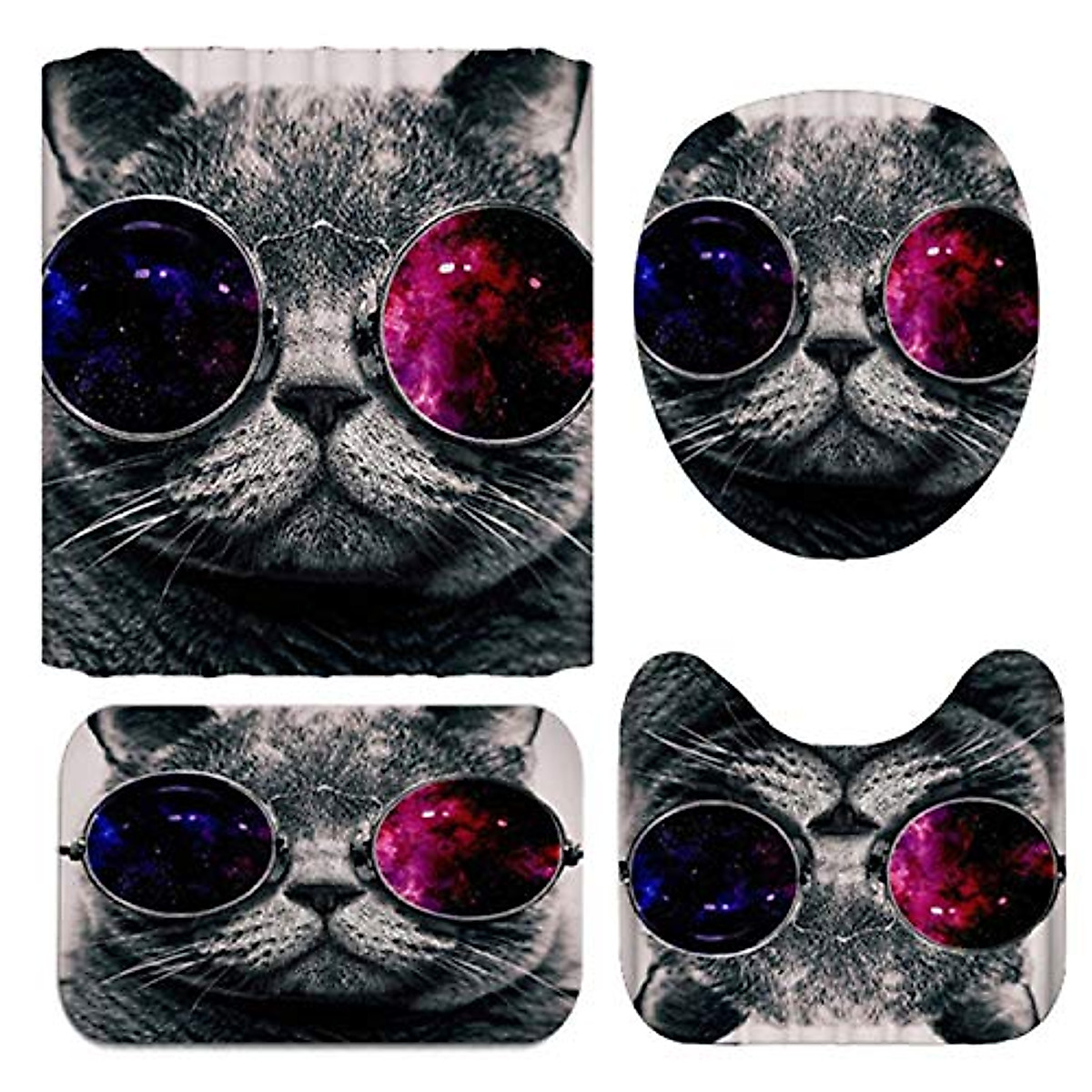 4PCS Space Cat Shower Curtain Sets with Rugs,Cat wear Galaxy Glasses Kids Bathroom Decor Non-Slip Bathroom Mat Bath Mat Toilet Rug,with 12 Hooks,72X72 Inch,Gray Cat