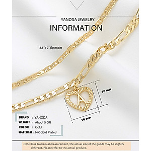 YANODA Initial Ankle Bracelets for Women 14K Gold Plated Layered Figaro Chain Letter Initial Anklets Handmade Layered Heart Ankle Bracelets Personalized Jewelry for Women A