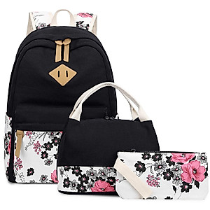 Abshoo Lightweight Canvas Floral Backpacks for Teen Girls School Backpack with Lunch Bag (DG20 Black)