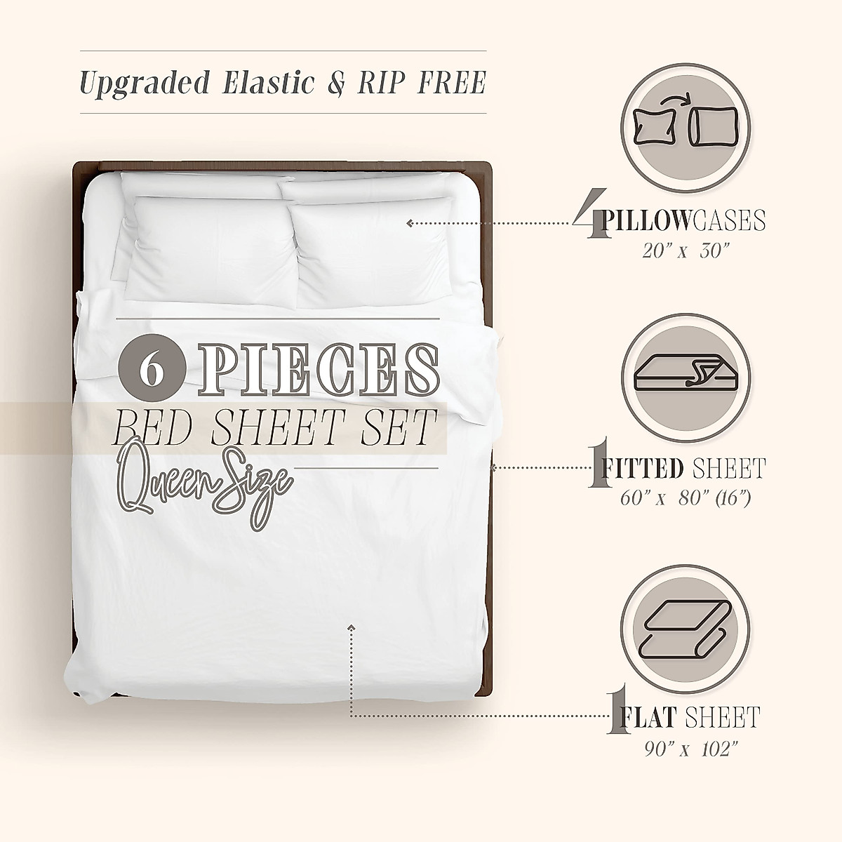 Elegant Comfort Eloise Marble Printed 6-Piece Sheet Set, 1500 Premium Hotel Quality Microfiber, Soft, Wrinkle and Fade Resistant, Fitted Sheets with Smart Pockets, Marble Sheet Set, Queen, White