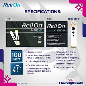 ReliOn Reli On Platinum Blood Glucose Test Strips 100 Ct Choice Bundle | Includes Food for Life Guide & Portable Pill Container (3 Items)!