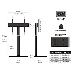 FITUEYES Universal TV Stand for 32 39 40 43 49 50 55 60 Inch TVs, TV Floor Stand with Swivel Mount, Max Holds 66lbs, Black Glass Base, Height Adjustable, Perfect for Corner & Bedroom