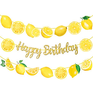 Lemon Happy Birthday Banners Glitter Gold Lemongrass Birthday Party Decorations Yellow Lemon Lemonade Party Decorations for Summer Fruit Birthday Party Lemon Theme Bridal Shower Supplies