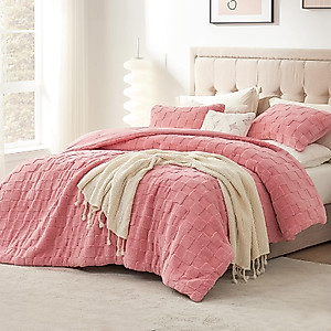 Cozy Bliss Fluffy Queen Size Comforter Set, Farmhouse Jacquard Checkered Sherpa Bed Set, Ultra Soft Thick Bedding Set for Winter, 3 Pieces, 1 Fuzzy Comforter & 2 Pillow Shams, Hot Pink