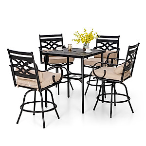 PHI VILLA 5 Piece Patio Bar Set,Outdoor Bar Table and Chairs Set, Strong and Heavy Duty Outdoor Bar Set with Cushion and Pillow，4PC Swivel Bar Stools with Square Bar Height Table