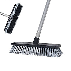 Hard Bristle Deck Broom Adjustable Long Handled Scrub Brush Heavy Duty Concrete Push Broom Outdoor Brush Garage Broom Wood Large Floor Scrubber 27-42 inch Balcony Broom -Multi Segment Handle