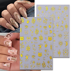 8 Sheets Metallic Sun Star Moon Nail Art Stickers 3D Self-Adhesive Gold Decals Sun God Asterisk Snake Eyes Design for Women Acrylic Nails DIY Decoration Supplies