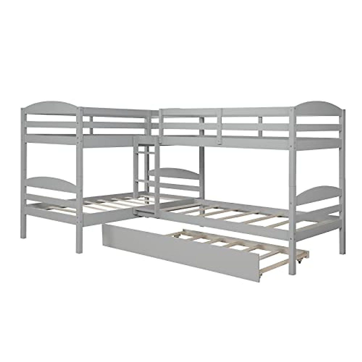 Quad Bunk Bed with Trundle L-Shape Bunk Bed Twin Over Twin Corner Bunk Bed for 4 or 5 Kids Boys Girls Teens, Gray
