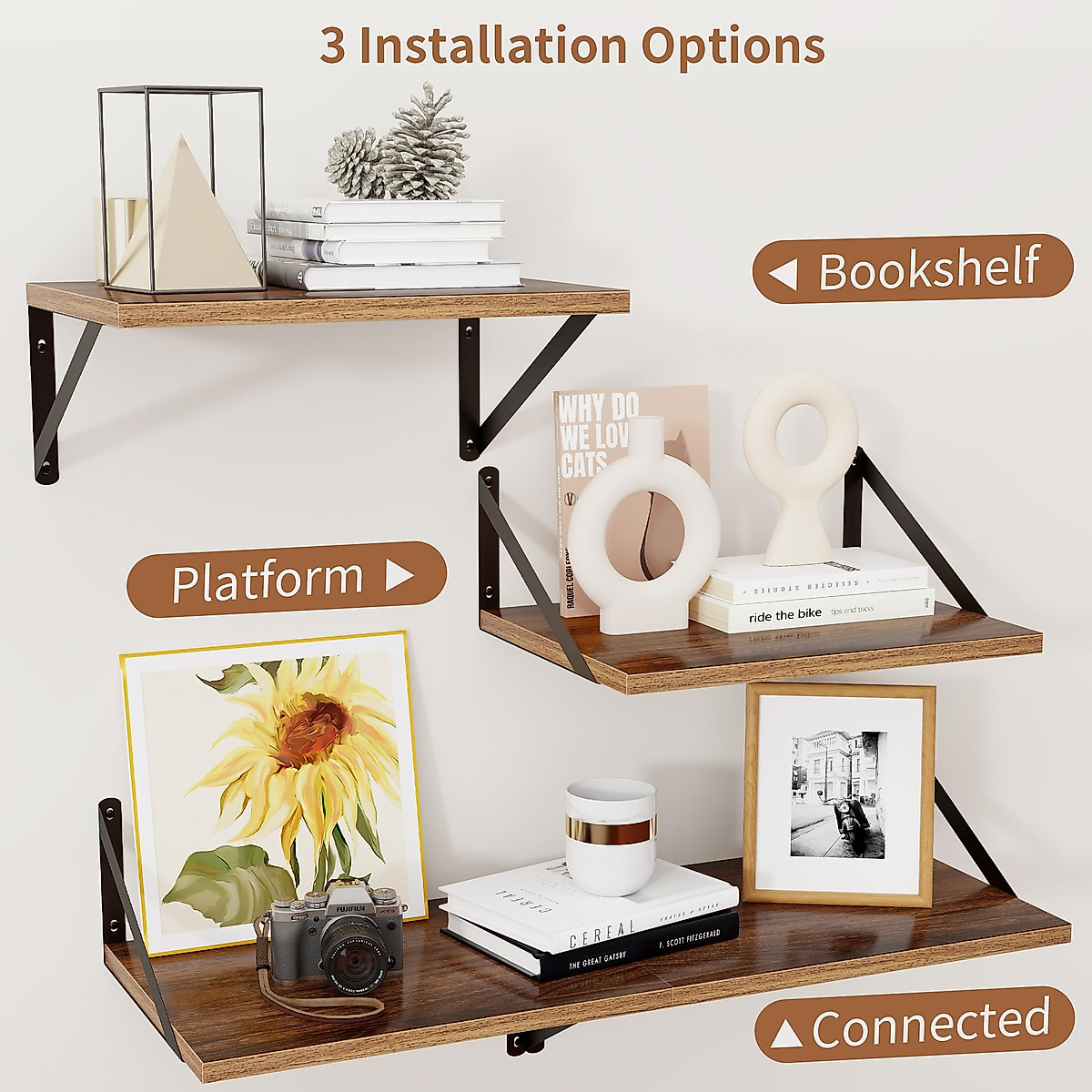 Axeman Walnut Floating Shelves 12 Inch Deep, Rustic Wall Mounted Floating Shelves Set of 2, 16W x 12D Floating Wall Shelves for Decor & Storage, Walnut Shelves Living Room Bedroom Bathroom, Walnut