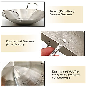 Aynaxcol Round Bottom Stainless Steel Wok, Traditional Canton Style Frying Pan Multi- Cooking Wok Dual- Handled Heavy Stainless Steel Wok (10 Inch/ 26cm)