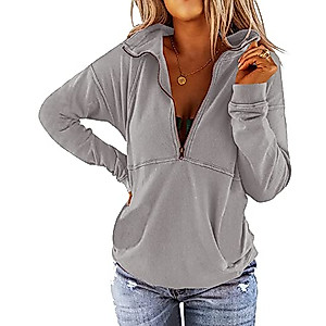 Floral Find Women's Long Sleeve Lapel Half Zip Up Sweatshirt Solid Stylish Loose Fit Casual Pullover Tops Grey