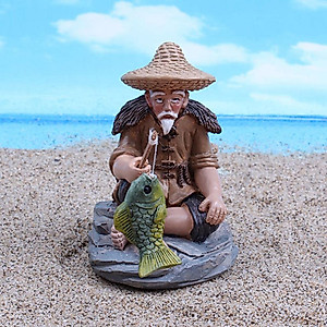 Serenable Fisherman Resin Figurines Fishing Old Man Garden Statue Bonsai Planter Pool Miniature Figure Indoor Sculpture Porch Patio Home Office Ornaments