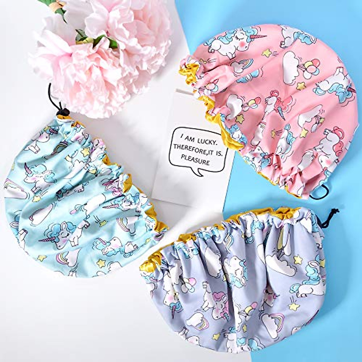 3 Pieces Kids Unicorn Satin Bonnet Adjustable Sleeping Cap Soft Silk Flower Night Hats for Natural Hair Teens Toddler Child Baby Reversible Double