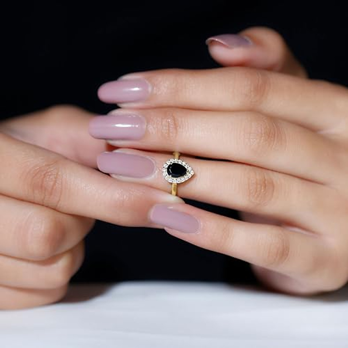 Certified Black Spinel Diamond Halo Engagement Ring, AAA Quality, Black Spinel 5X7mm Pear Shape Ring - Ready To Gift, 14K Yellow Gold, Size:US 7.50