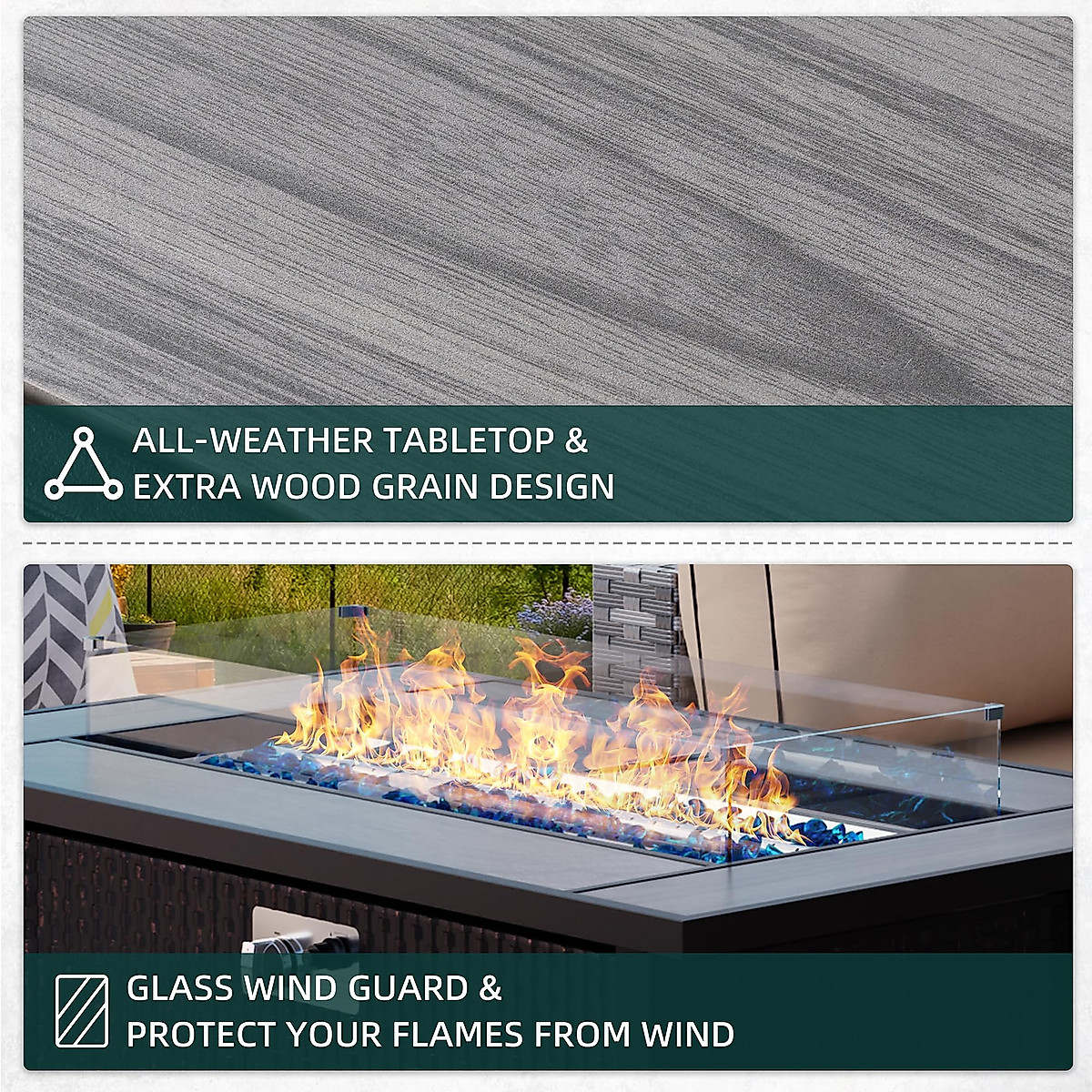 SUNLEI 45" Propane Fire Pit, Outdoor Fire Pit Tables Rectangular Tabletop with Lid and Blue Fire Glass, 50000 BTU Glass Wind Guard and Tables for Outside Patio, Backyard…