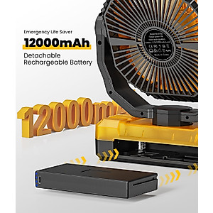 3-in-1 Portable Camping Fan - 9 inch 12000mAh Detachable Battery Rechargeable Fan with LED & Remote - 4 Speeds Battery Powered Outdoor Fan for Tent,Travel, Office, Jobsite