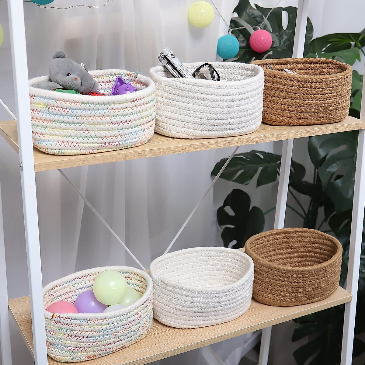 【2 Pack】ABenkle Small Woven Baskets, Tiny Oval Shallow Storage Baskets, Mini Cotton Rope Empty Decorative Basket, Boho Little Organizer Bins for Bathroom, Cat Dog Toy Gifts Baskets