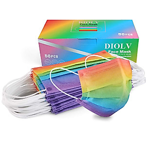 DIOLV Disposable Face Mask Adult 3 Layer Mens Breathable Facemask Womens Facial Masks for Indoor Outdoor 50Pcs/Pack Earloop, Colorful