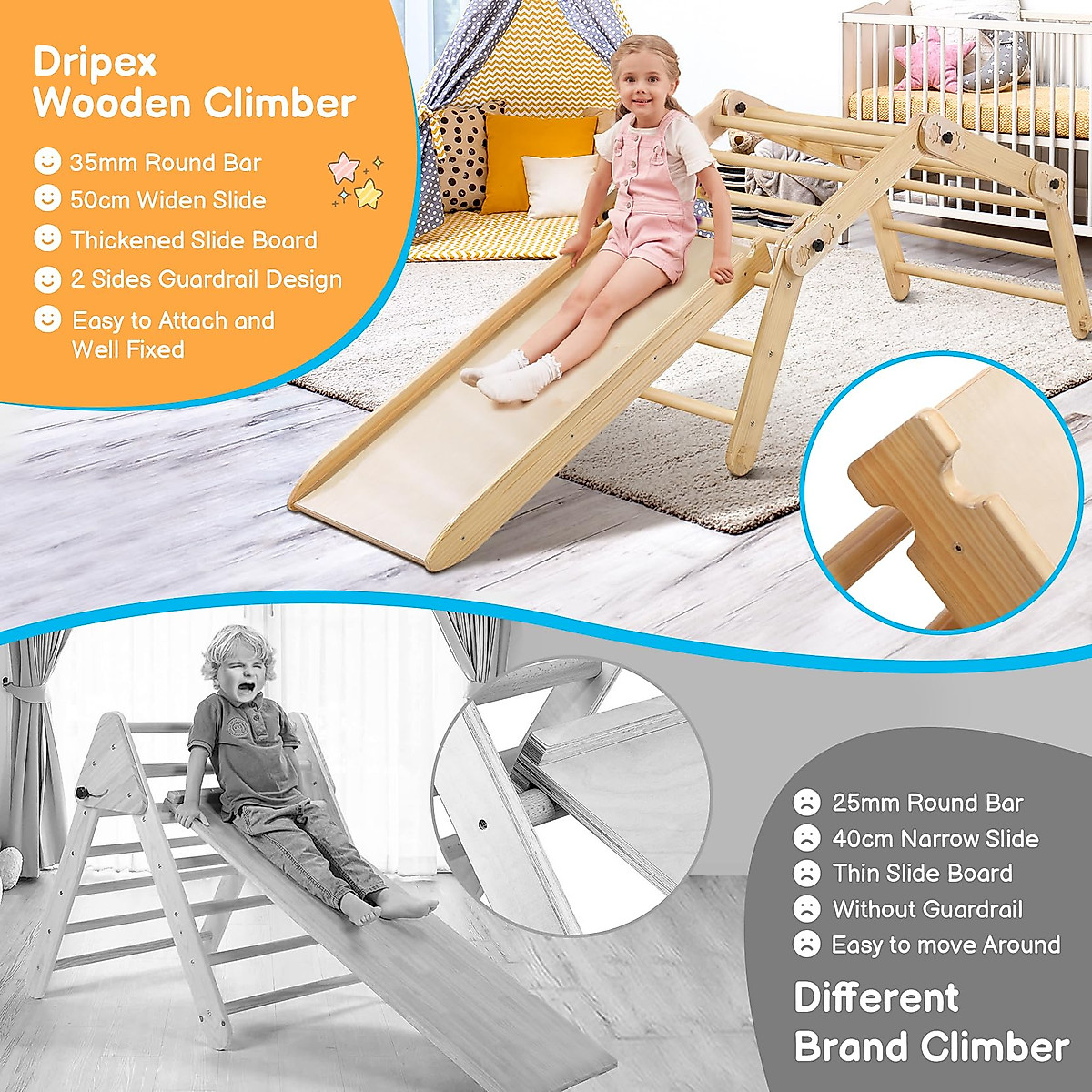 Dripex Pikler Triangle Set, X-Large Climbing Triangle with Reversible Ramp and More Than 20 Playing Modes, Premium Early Learning Montessori Climbing Toys for Toddler Kids