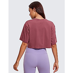 CRZ YOGA Women's Pima Cotton Workout Crop Tops Short Sleeve Yoga Shirts Casual Athletic Running T-Shirts Misty Merlot Small