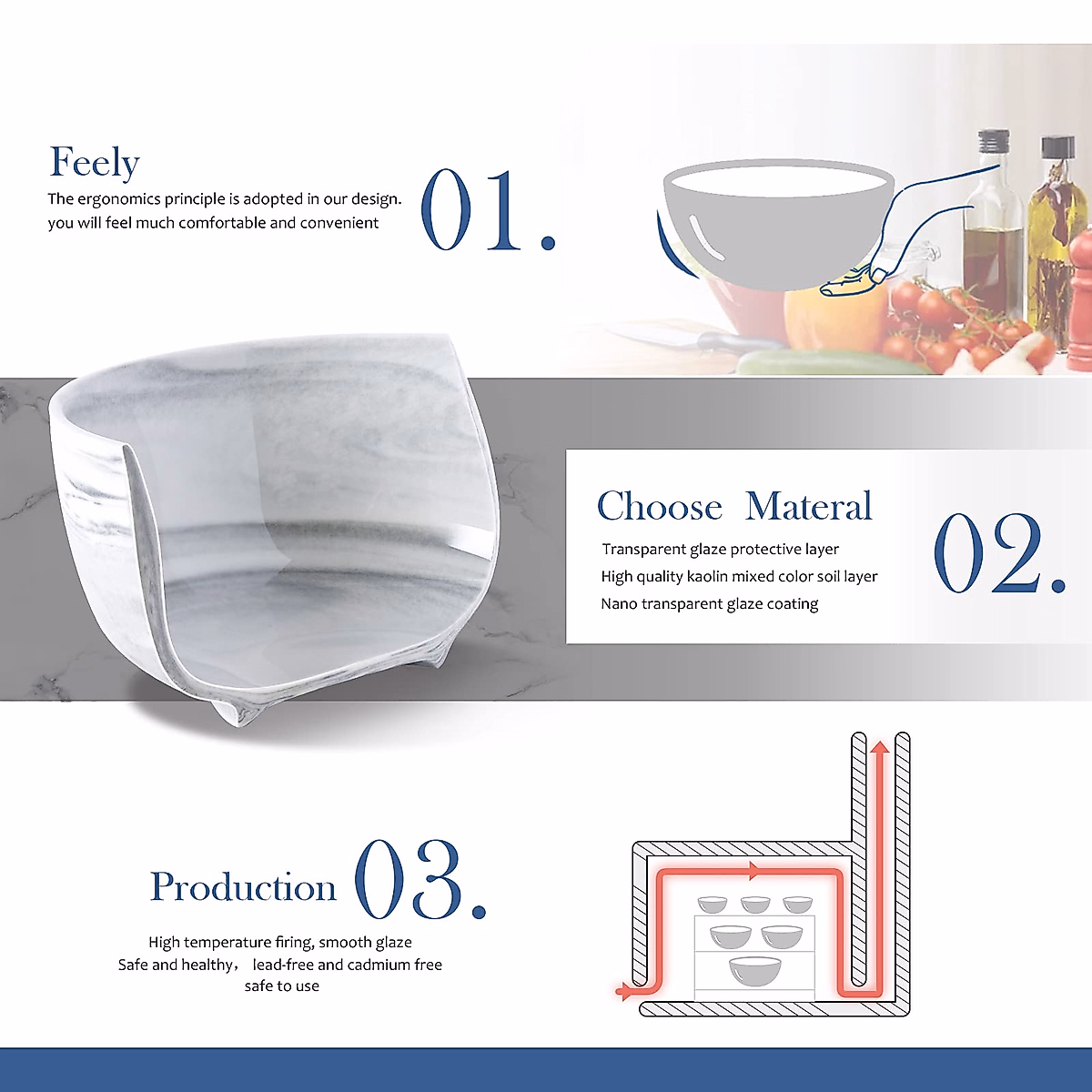 Yundu Porcelain 28 Ounce Pasta bowl Set,Salad bowls,Serving Bowls,Set of 4,Grey Marbled