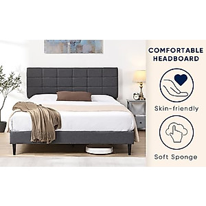 Yone jx je Platform Bed Frame with Fabric Upholstered Headboard and Mattress Foundation Wooden Slats Support, Fabric Upholstered Platform Bed Frame, No Box Spring Needed (Gray, Queen Size)