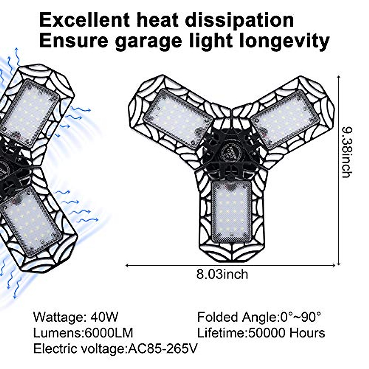 Garage Lights Ceiling, Deformable Garage LED Bulb Light 40W 6000 Lumen E26 with 3 Adjustable LED Panels 270° for Garage, Warehouse, Barn, Workshop and Yard (NO Motion Activated)(Plastic(2 Pack))