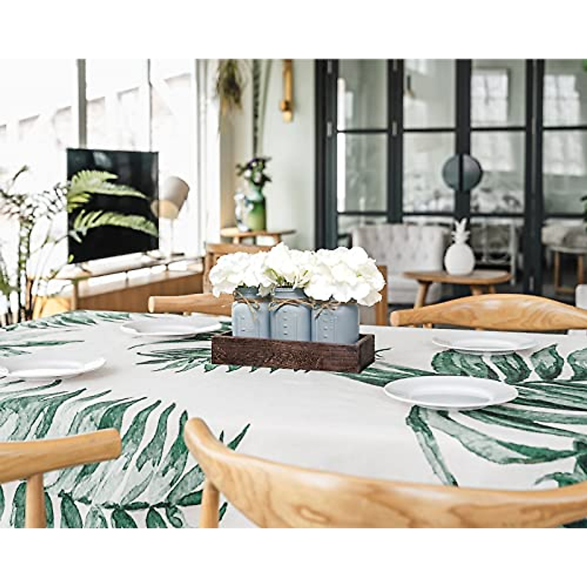 Mkono Mason Jar Centerpiece Decorative Wood Tray with 3 Painted Jars Artificial Flowers Rustic Country Farmhouse Fall Decor for Coffee Table Dining Room Living Room Kitchen,Grey Blue