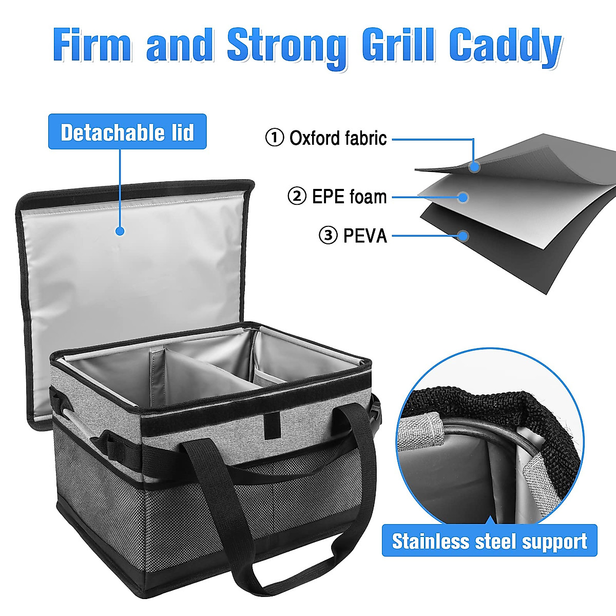 Feestars Large Grill Caddy with Lid and Paper Towel Holder for Picnic, Collapsible& Insulated BBQ Accessory Organizer, Easy Carry Griddle Caddy for Picnic/Barbecue Utensil/Camping/Tailgating