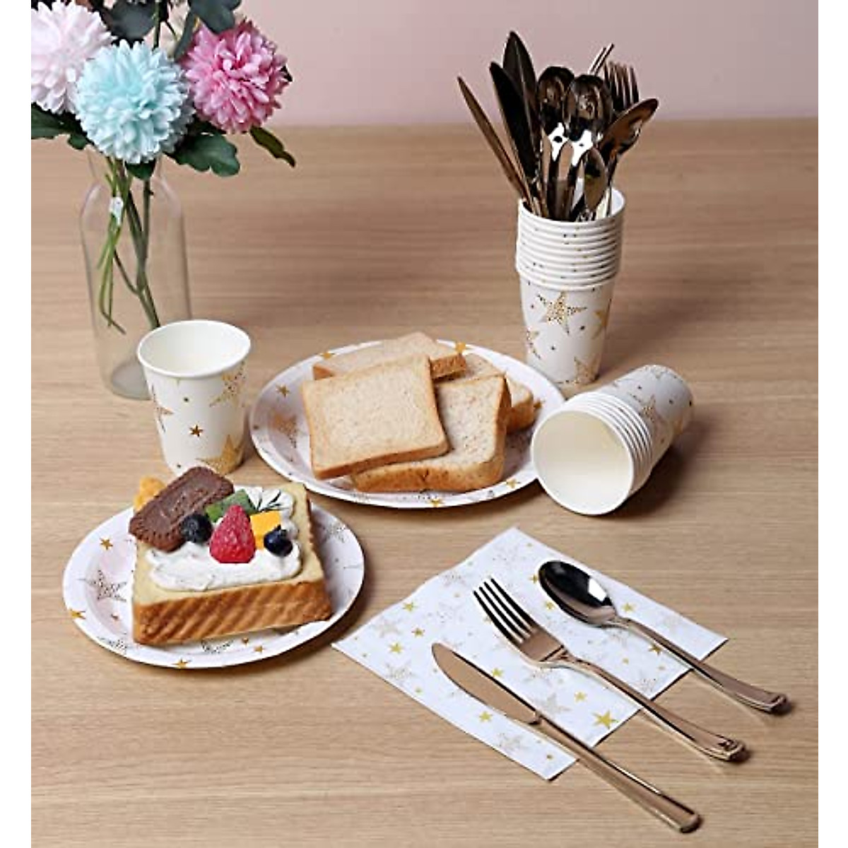 CONRADY 200 PCS Gold Star Disposable Party Dinnerware Set,25pcs Paper Plates, Dessert Plates, Paper Cups,Plastic Cutlery Set(Knives,Forks,Spoons) and 50pcs Napkins for Party Serves 25(Gold)