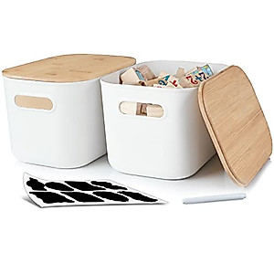 Citylife 2 PCS Storage Bins with Bamboo Lids and 6 PCS 3.2QT Plastic Storage Containers for Organizing Stackable Clear Storage Boxes with Handle