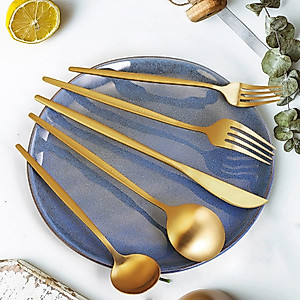 Gold Silverware Set for 8, MIKIWAY 40 Pieces Stainless Steel Flatware Set, Matte Golden Cutlery Tableware Set, Kitchen Utensils Set Include Spoons And Forks Set, Satin Polished, Dishwasher Safe