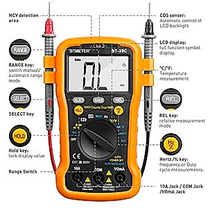 BTMETER BT-39C True RMS Digital Multimeter Auto Ranging for AC DC Voltage,Current, Resistance, Capacitance Tester with Temp Battery LED Test Auto Backlit