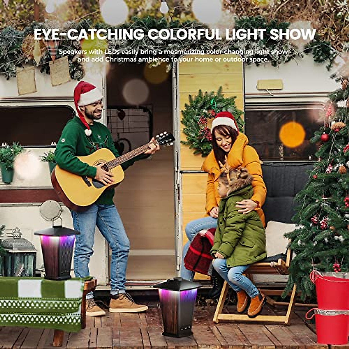 80W Outdoor Bluetooth Speaker Waterproof, True Wireless Stereo Sound with Punchy Bass, Multi-Connect up to 100 Speakers, 4 Adjustable Modes Beat-Driven Lights, Party/Patio/Pool Side/Beach, 2 Pack