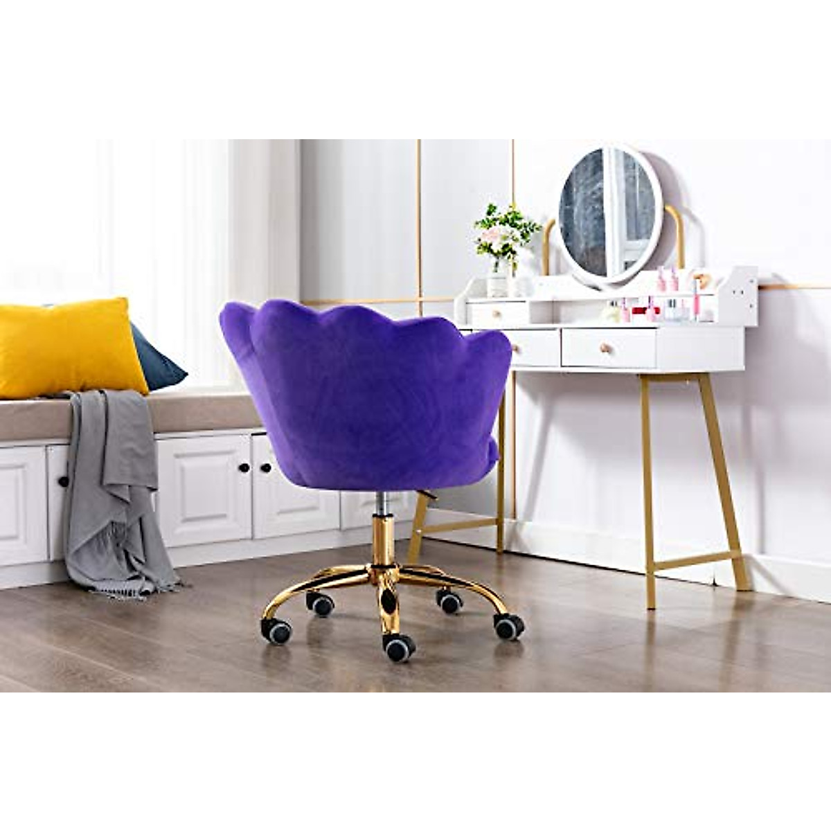 ZOBIDO Comfy Home Office Task Chair with Wheels, Cute Modern Upholstered Velvet Seashell Back Adjustable Swivel Vanity Desk Chair, for Women, for Girls, Living Room(Purple)